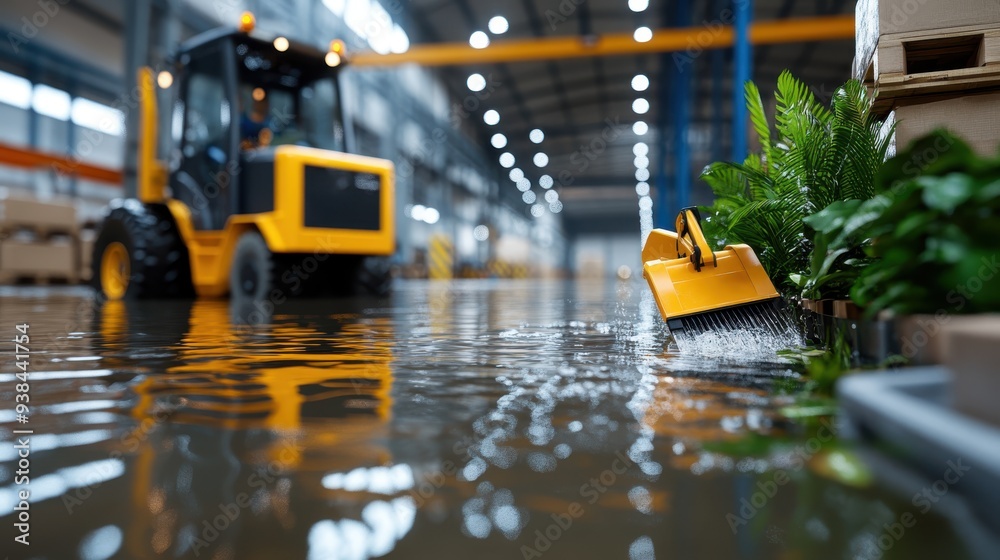A forklift navigates through a flooded warehouse with indoor plants ...