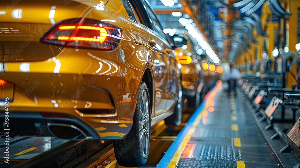Golden-hued cars are aligned on an assembly line in a factory, depicted ...