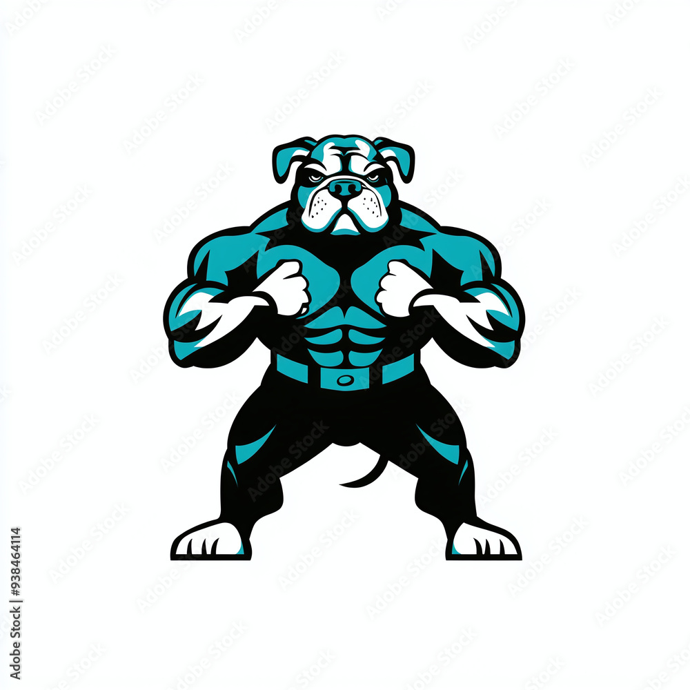 Minimalist monochrome logo of a strong bulldog bodybuilder striking a ...