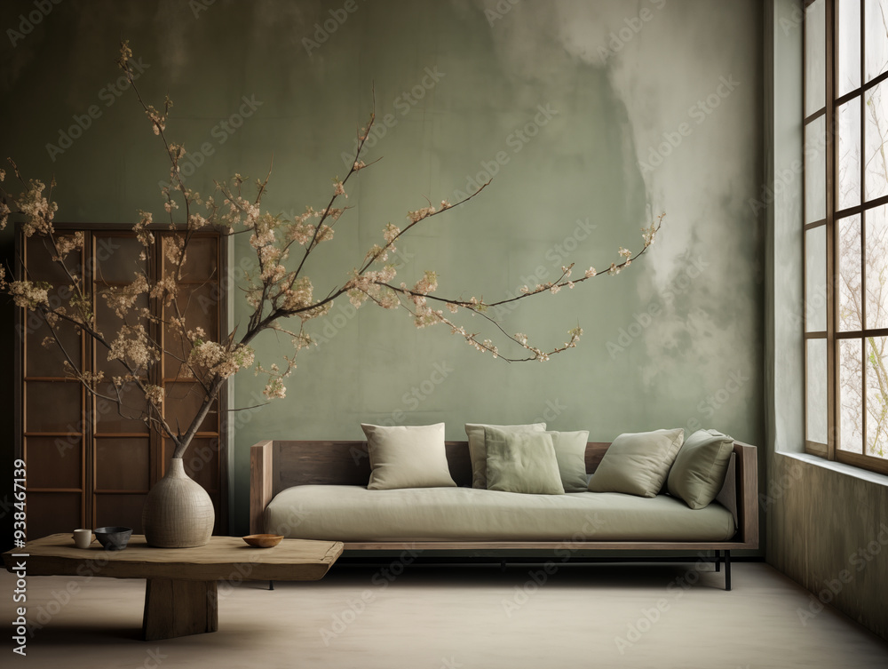 Wabi sabi japanese style rustic living room interior in with wood ...