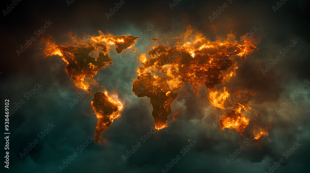 World map in a realistic fire style render Stock Illustration | Adobe Stock