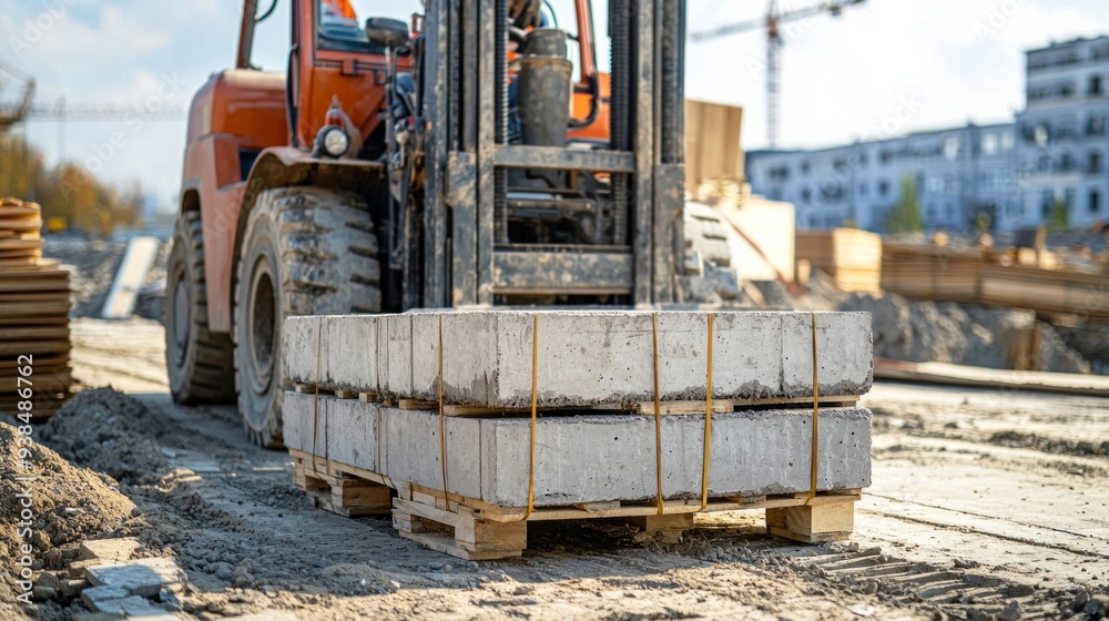 Industrial Forklift Lifting Wooden Pallet With Concrete Curb Slabs at ...