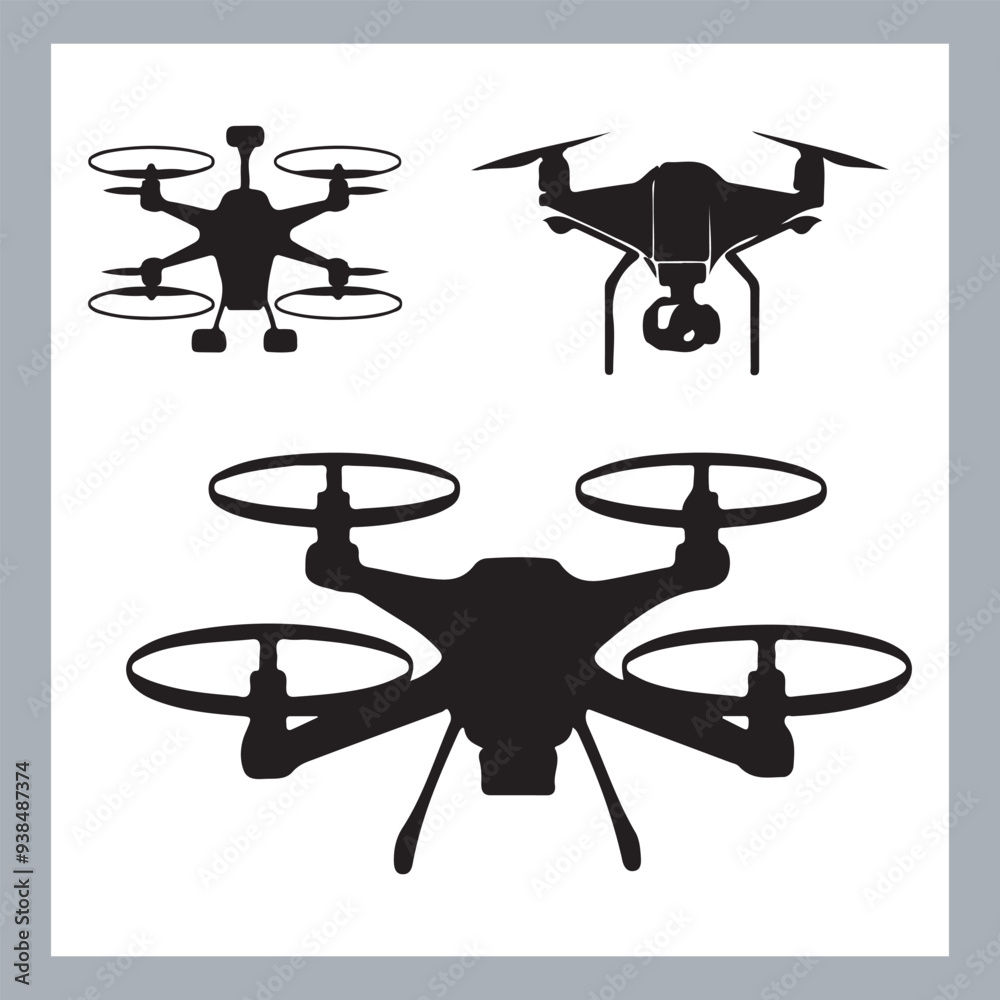 Drone quadcopter with camera black symbol, Black silhouette of military ...