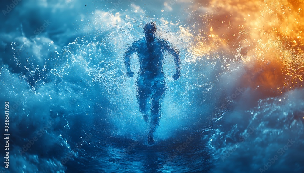 The human body shape of a running man filled with blue water on a blue ...