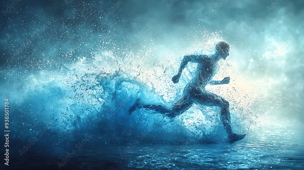 The human body shape of a running man filled with blue water on a blue ...