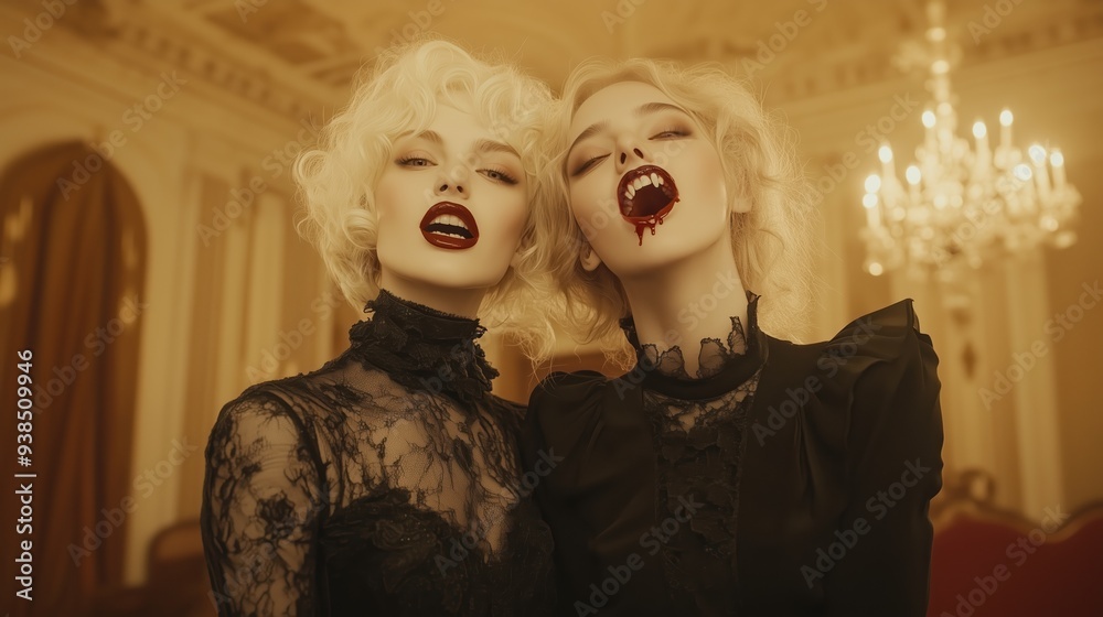 Elegant female vampire duo with vintage blonde hairstyles, dark lace ...