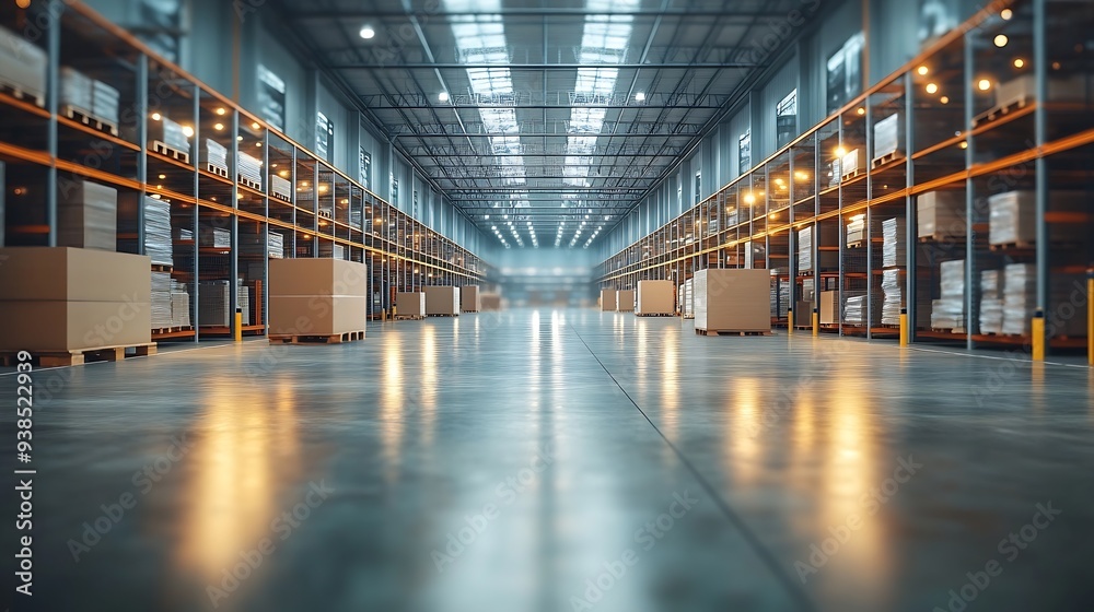 Blur background of spacious industrial warehouse interior with high ...