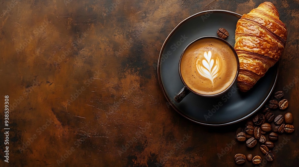 Concept of Italian breakfast with caffe espresso and croissant top down ...