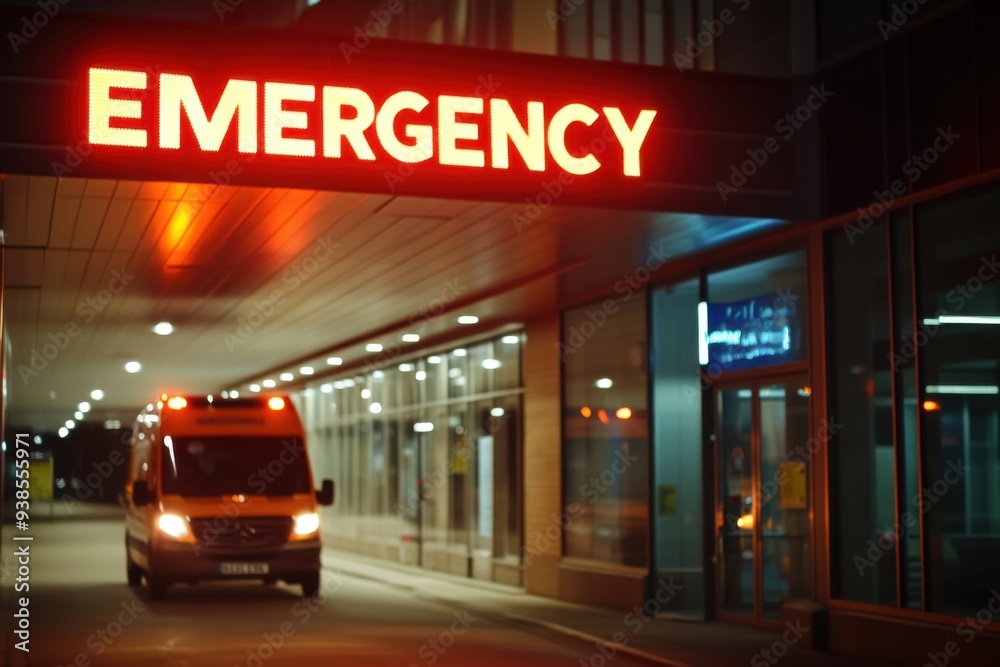 An illuminated emergency room entrance at night with an ambulance ...