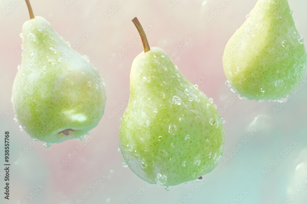 Pearlescent Plunge: Three juicy pears, glistening with water droplets ...