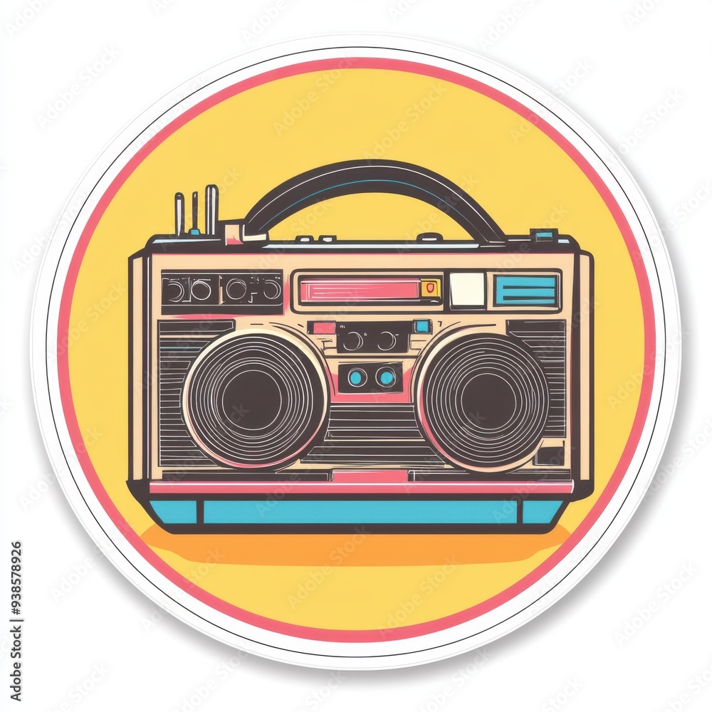 Sticker of a boombox in circle shape, flat vector illustration, on ...
