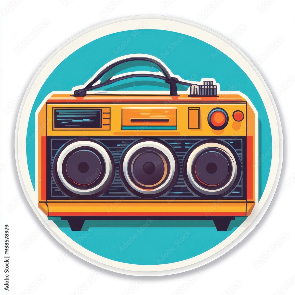 Sticker of a boombox in circle shape, flat vector illustration, on ...