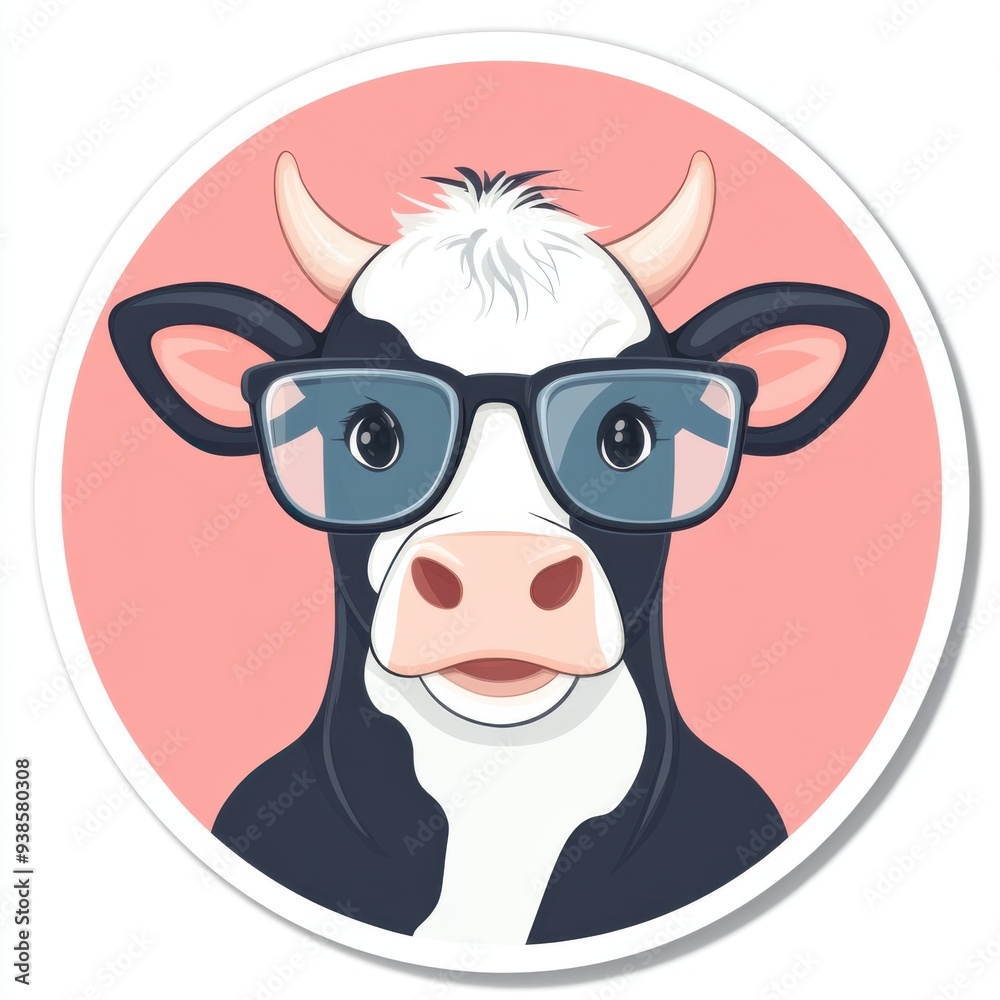 Sticker of a cow wearing rectangular glasses in circle shape, cute ...