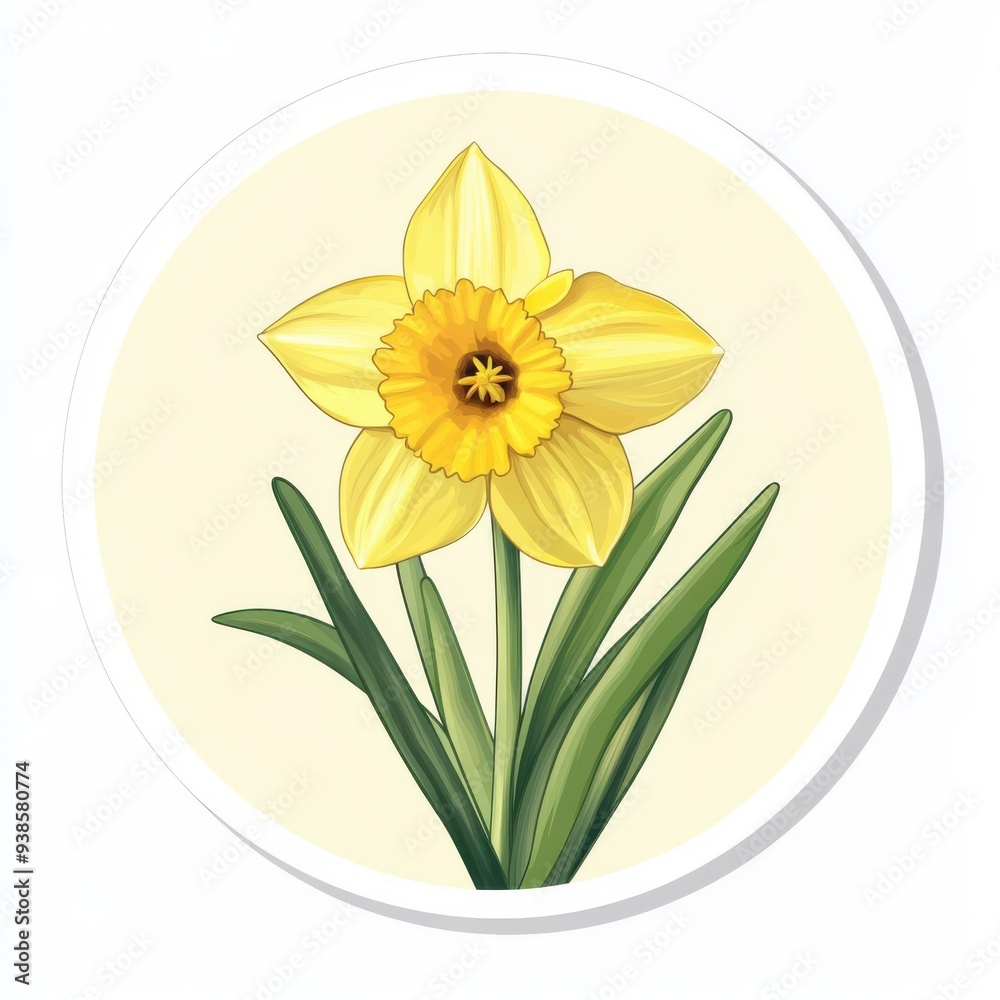 Sticker of a daffodil in circle shape, flat vector illustration, on ...