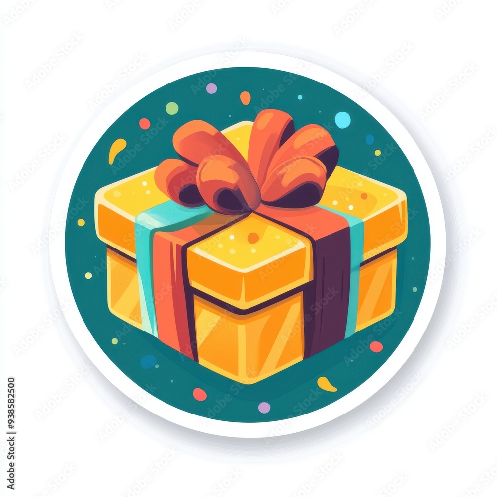 Sticker of a gift box in circle shape, flat vector illustration, on ...