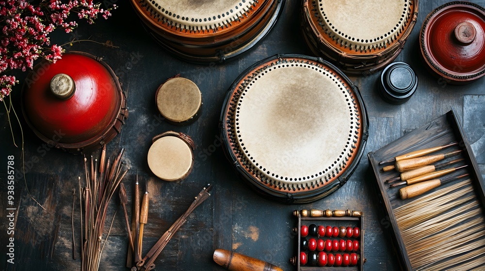 Vibrant display of traditional Korean drums gongs and other musical ...