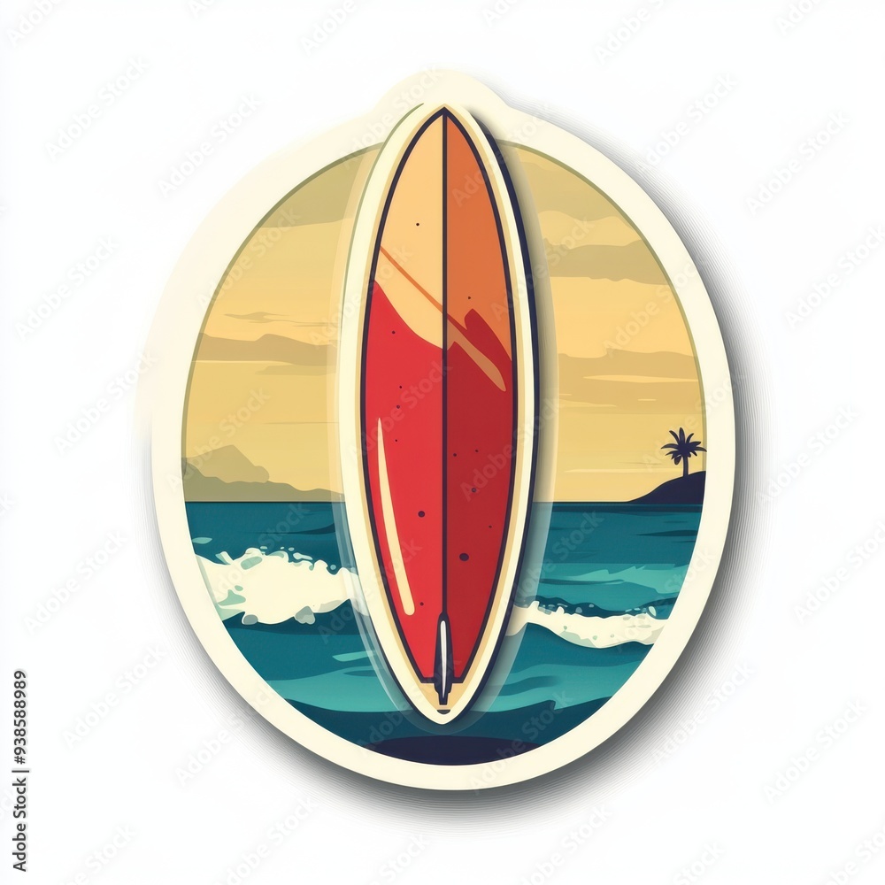 Sticker of a surfboard in circle shape, flat vector illustration, on ...