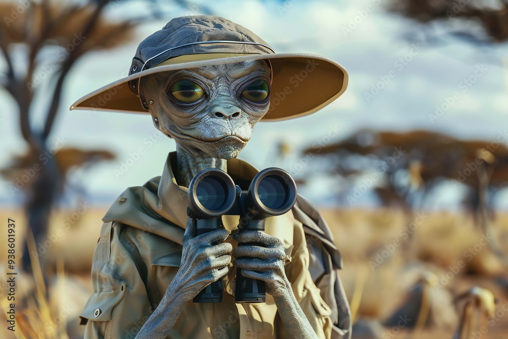 Cute stereo-typical grey alien wearing safari clothing, holding ...