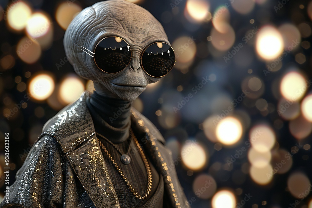 Cute stereo-typical grey alien wearing high-fashion runway attire ...