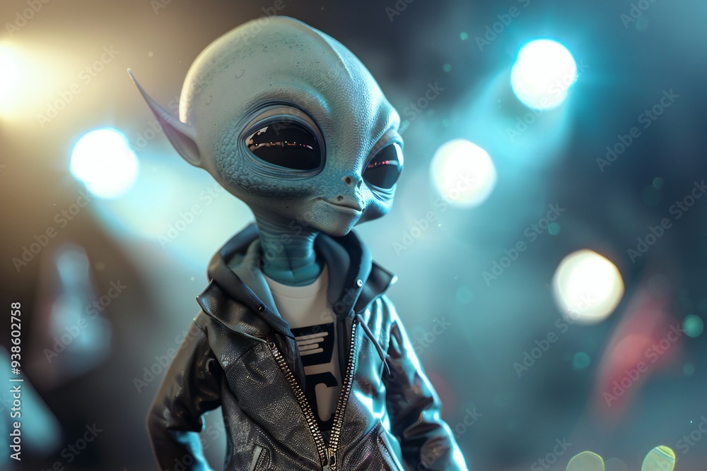 Cute stereo-typical grey alien wearing high-fashion runway attire ...