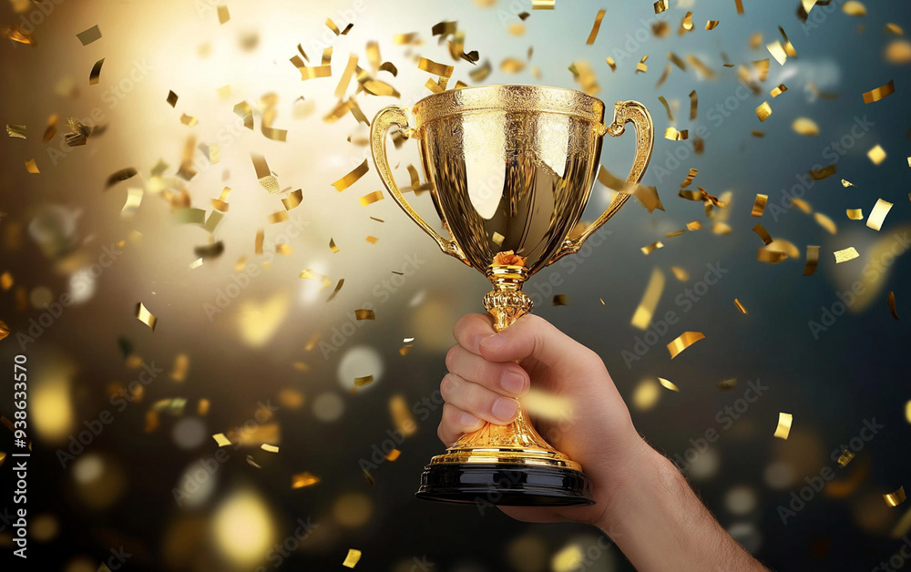 Hand holding gold trophy cup with confetti. celebrating with trophy ...