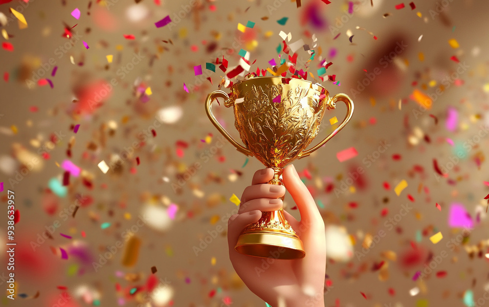 Hand holding gold trophy cup with confetti. celebrating with trophy ...