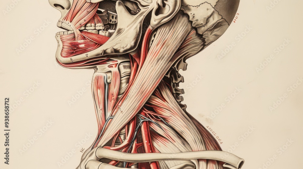 Detailed anatomical illustration of human head and neck muscles ...