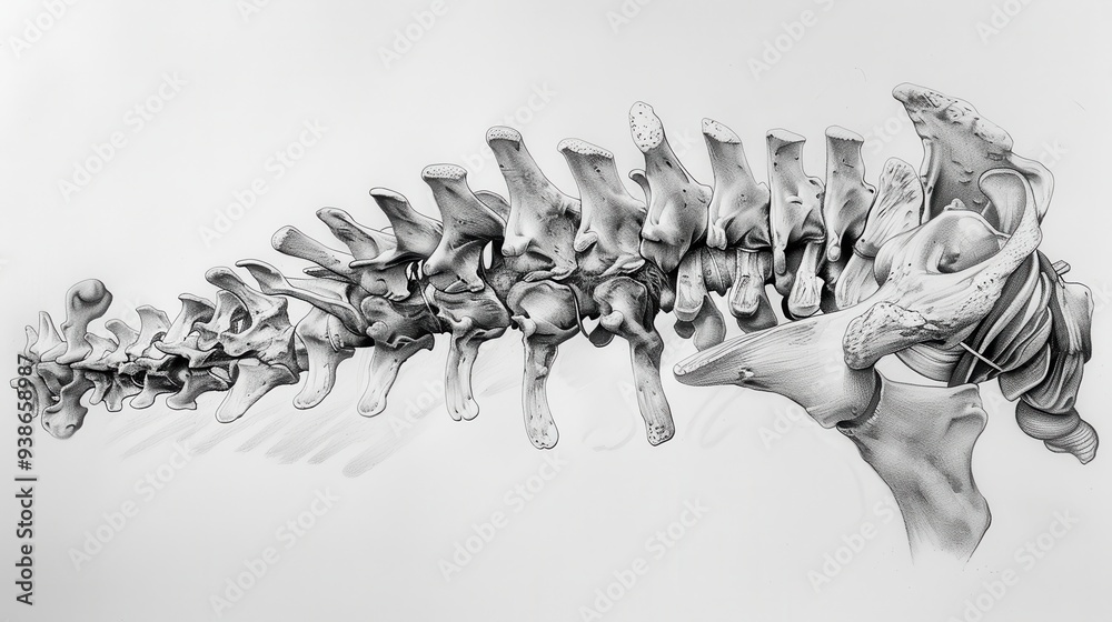 Detailed grayscale illustration of a dinosaur vertebral column ...