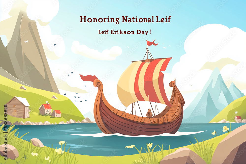 Illustrate a scene with a Viking ship and adventurous sails. Add the ...