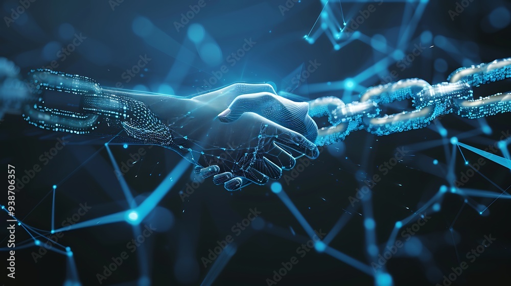 Digital handshake represents connection, partnership, and advancement ...