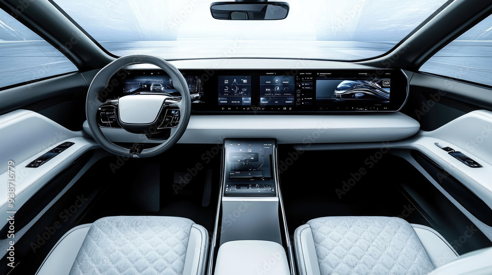 Futuristic Electric Car Interior with Advanced Touchscreen Dashboard ...
