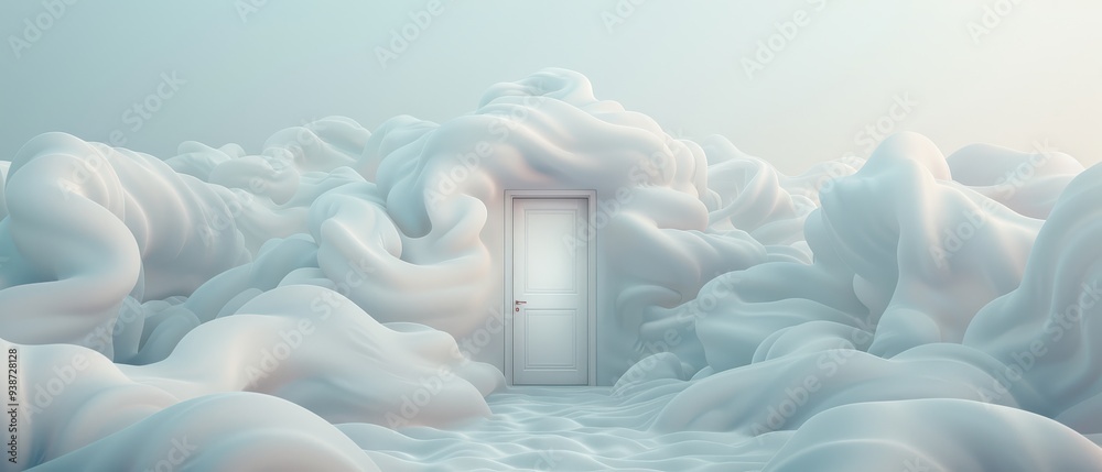 Portal in a Dreamscape, a solitary door emerges from swirling clouds ...