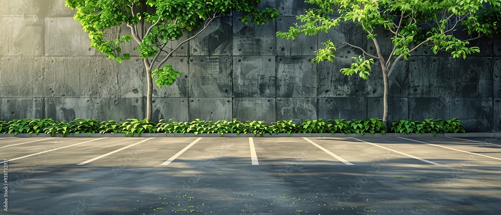 Empty parking lot with green trees and concrete wall background ...