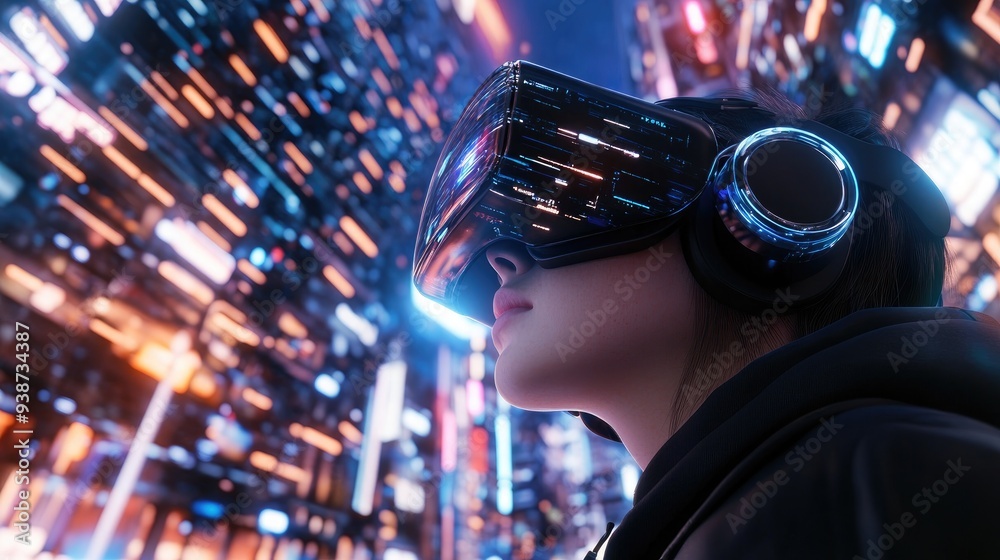 Foto de Stock Virtual reality explorer navigating through a vibrant ...
