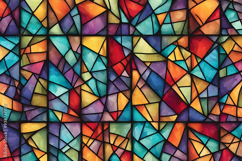 A stained glass inspired pattern with bright fragmented colors and bold ...