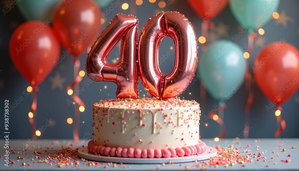 Number 40th Birthday Balloon Celebration Cake, Adorned with Sparkling ...