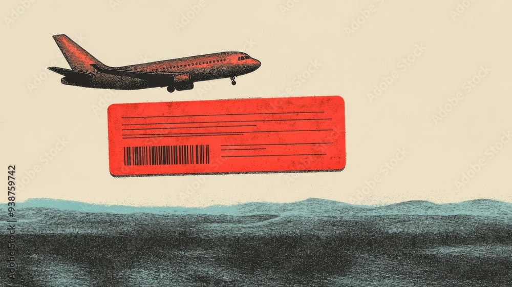 A 2D drawing of a boarding pass with a stylized airplane silhouette ...