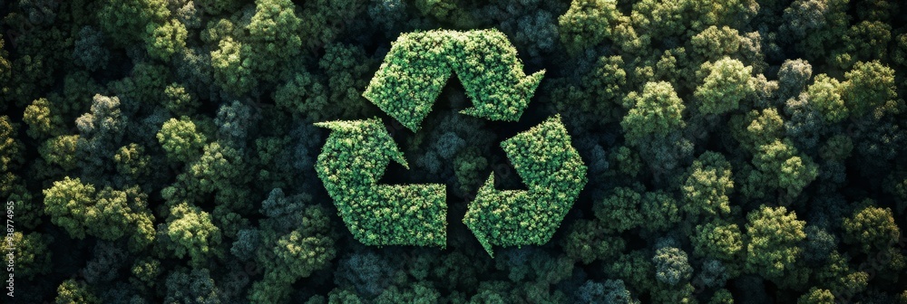 An aerial view of a lush forest with a prominent recycle symbol formed ...