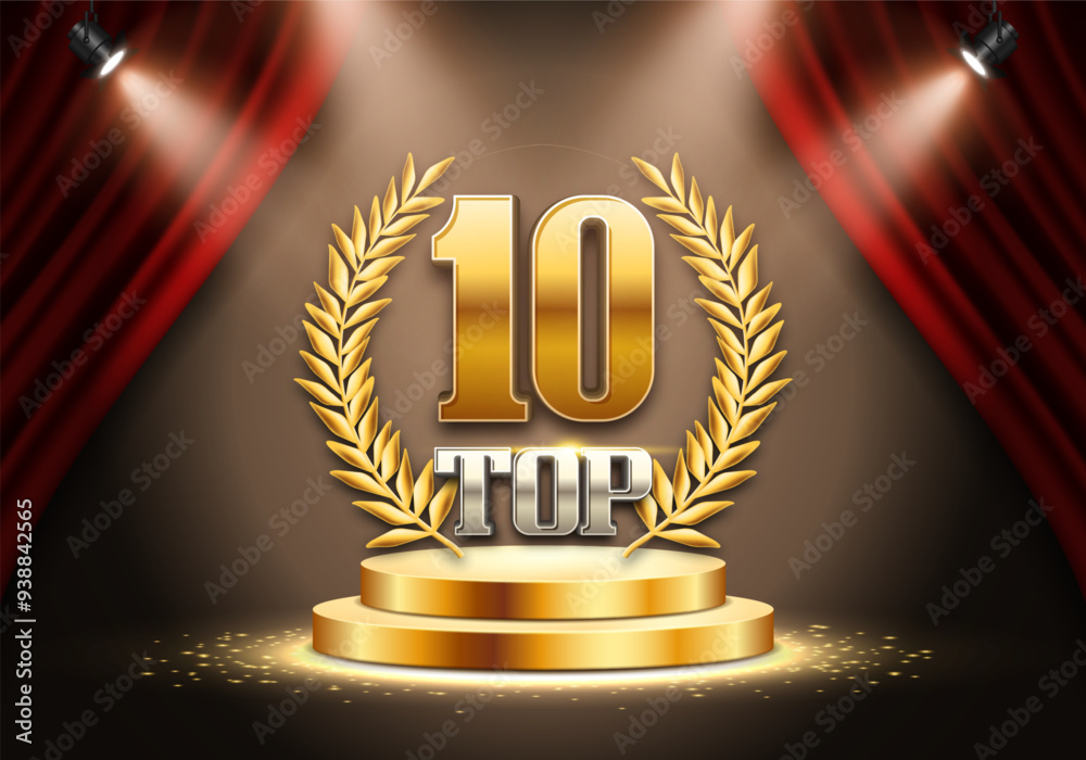Top 10 award poster. Presentation 10 best on podium with red curtain ...