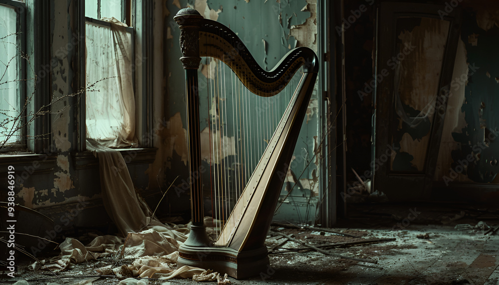 Gothic harp, untouched, in an abandoned parlor Stock Illustration ...