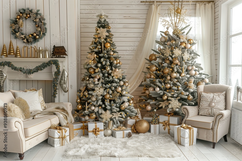 Living room with Christmas trees and decorations, wooden floor ...