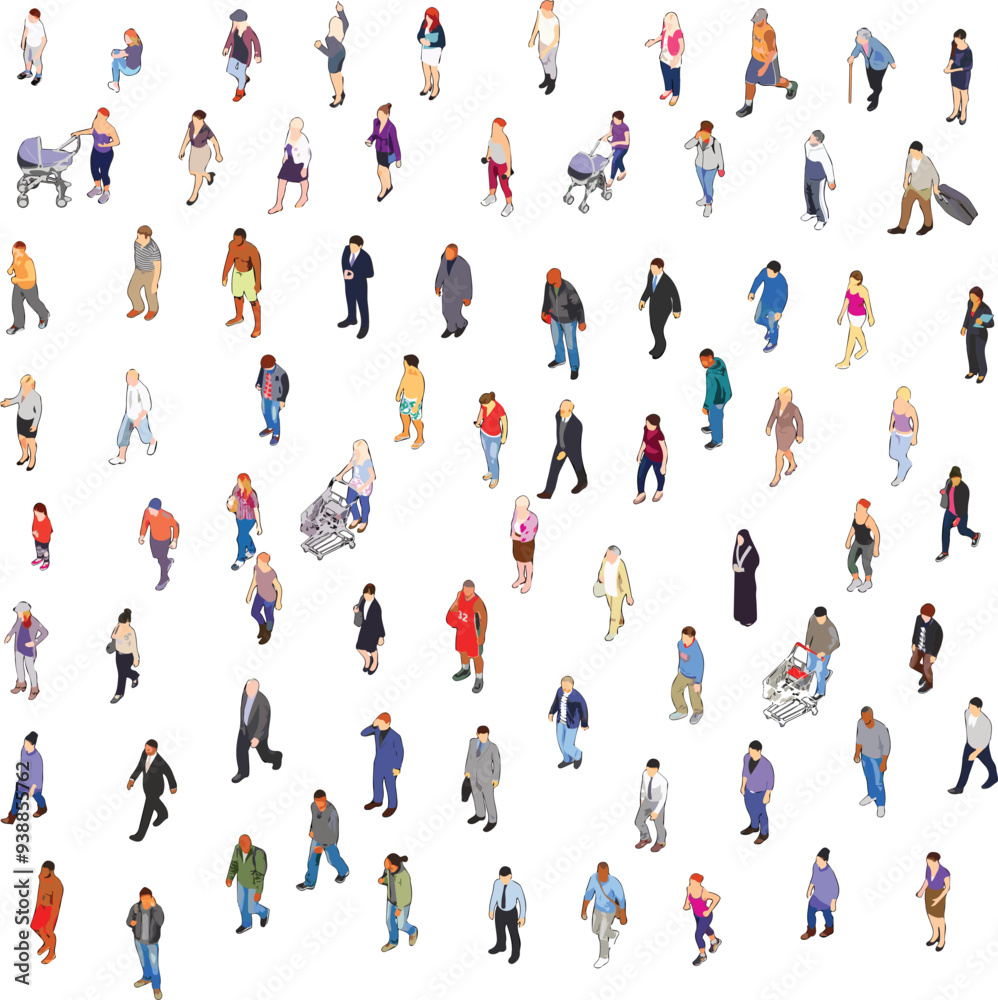 Isometric People Set from Side, Front, and Back Views on White ...