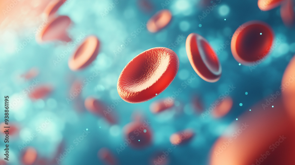 Detailed view of red blood cells flowing through a bloodstream ...
