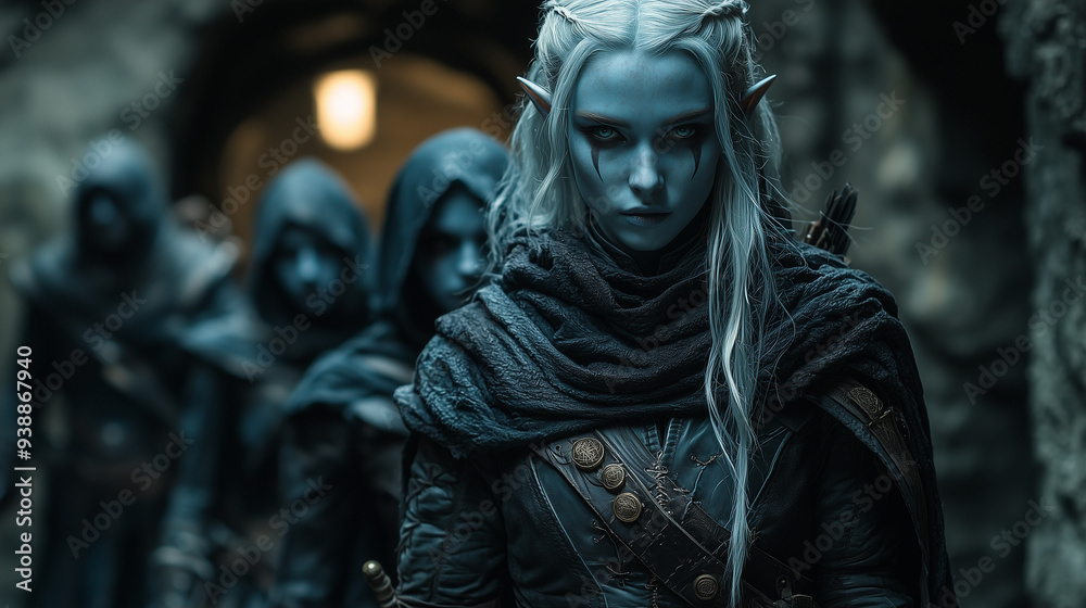drow female warrior with long white hair leading a group through ...