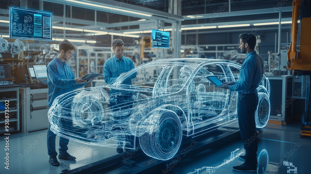Engineers working on a digital car design in a high-tech automotive ...