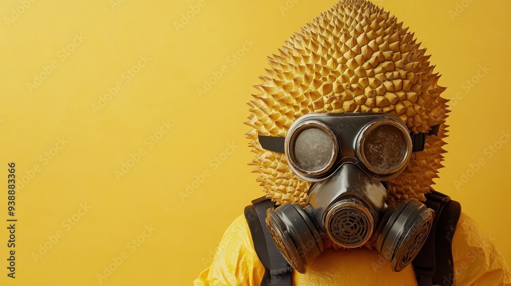 Durian wearing a gas mask, standing proudly on a hazard yellow ...
