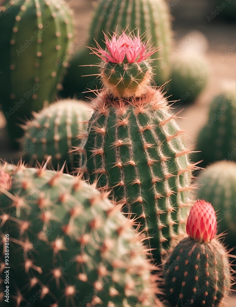 blooming cactus with pink flowers and spines surrounded by other cacti ...