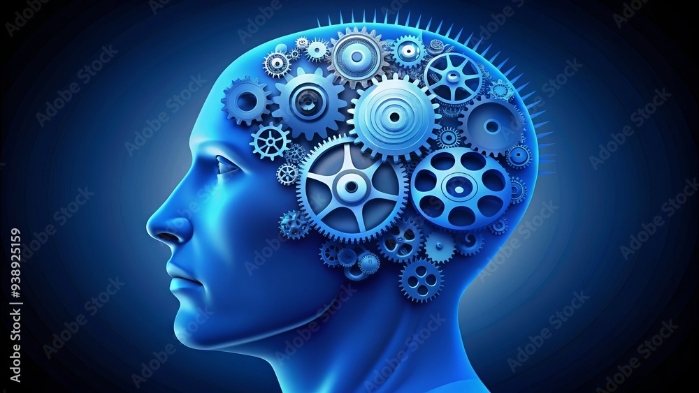 Illustrated blue human head with cogs and gears embedded, symbolizing ...