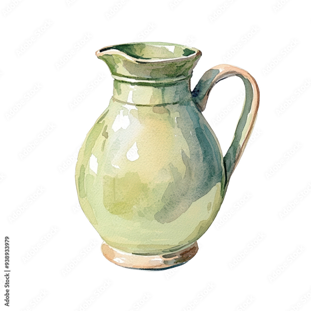 Green ceramic pitcher watercolor illustration featuring a simple ...