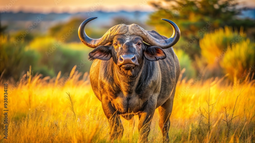 Majestic Cape buffalo bull stands proudly in a sun-drenched savannah ...